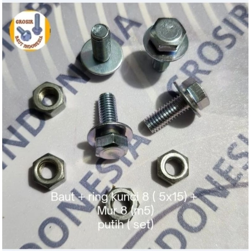 Jual Baut + ring kunci 8 ( 5x15) Set Mur 8(m5) Putih (paket 10 set) | Shopee Indonesia