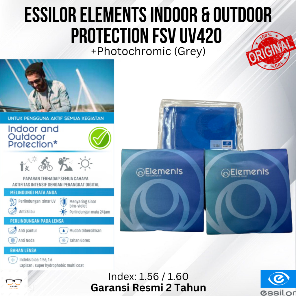 Jual Lensa Kacamata Bluechromic Essilor Elements Indoor & Outdoor FSV 1 ...