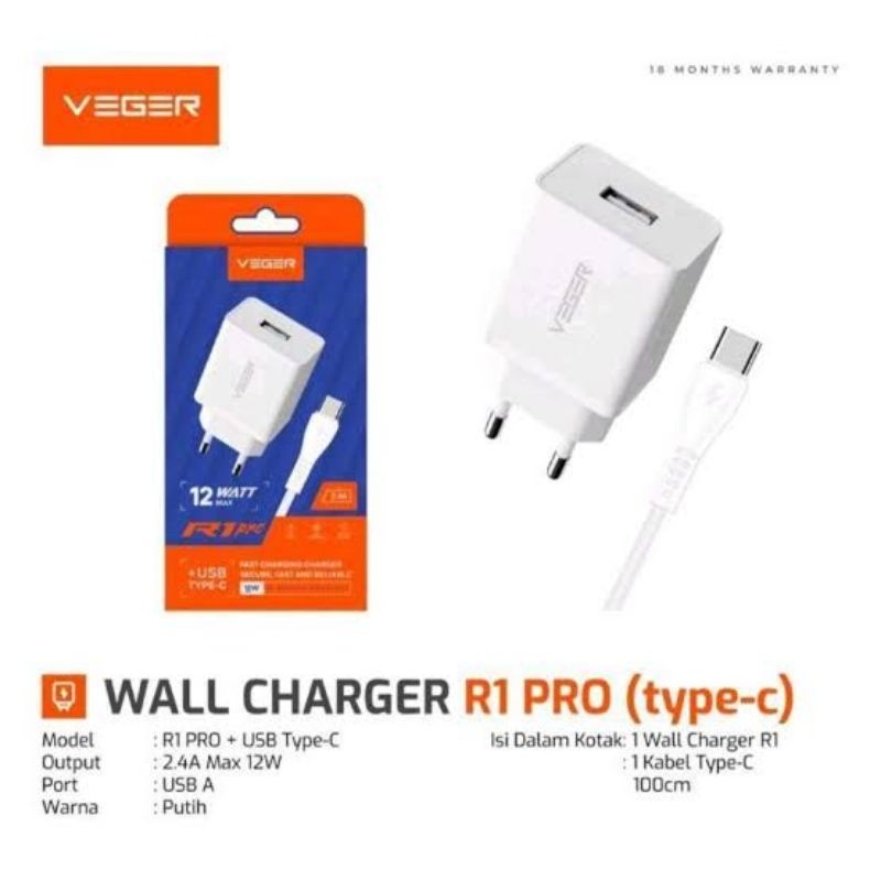 Jual Charger Veger R1 Pro Micro USB/Type C 12W 2,4A ORIGINAL RESMI ...