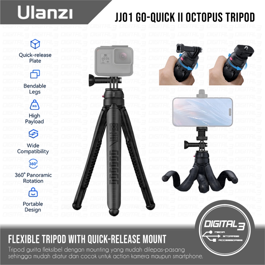 Jual Ulanzi Go-Quick II JJ01 Octopus Tripod Selfie Flexible 360° Panoramic Ballhead Gopro HP ...