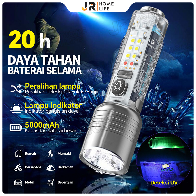 Jual Senter 8 Mode Warna Lampu 30W LED Waterproof Flashlight USB ...