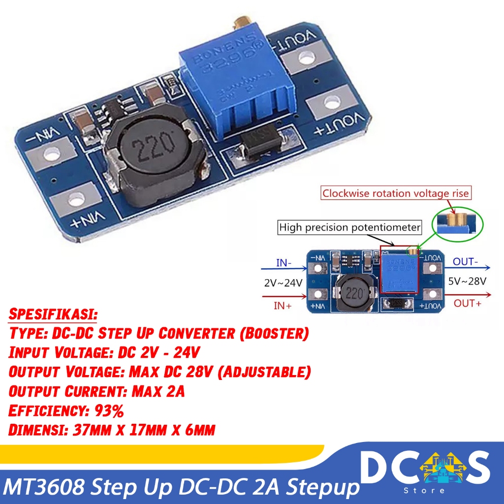 Jual MT3608 Step Up DC-DC 2A Stepup DC to DC Module Power Booster | Shopee Indonesia