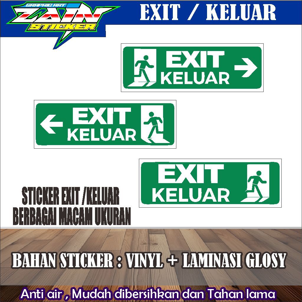 Jual stiker vinyl anti air JALUR EVAKUASI EXIT / KELUAR KANAN KIRI ...
