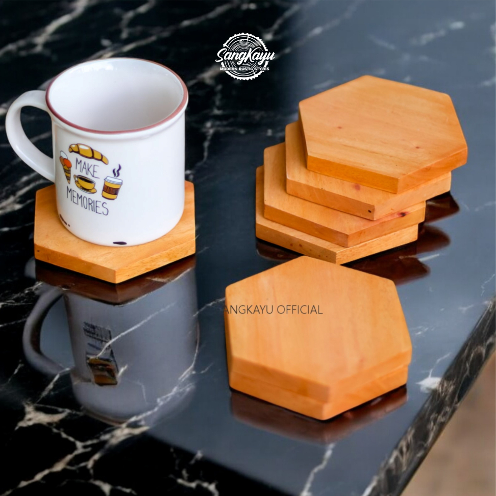 Jual SangKayu Hexagonal Wood Coasters Tatakan Gelas Kayu Alami Segi ...