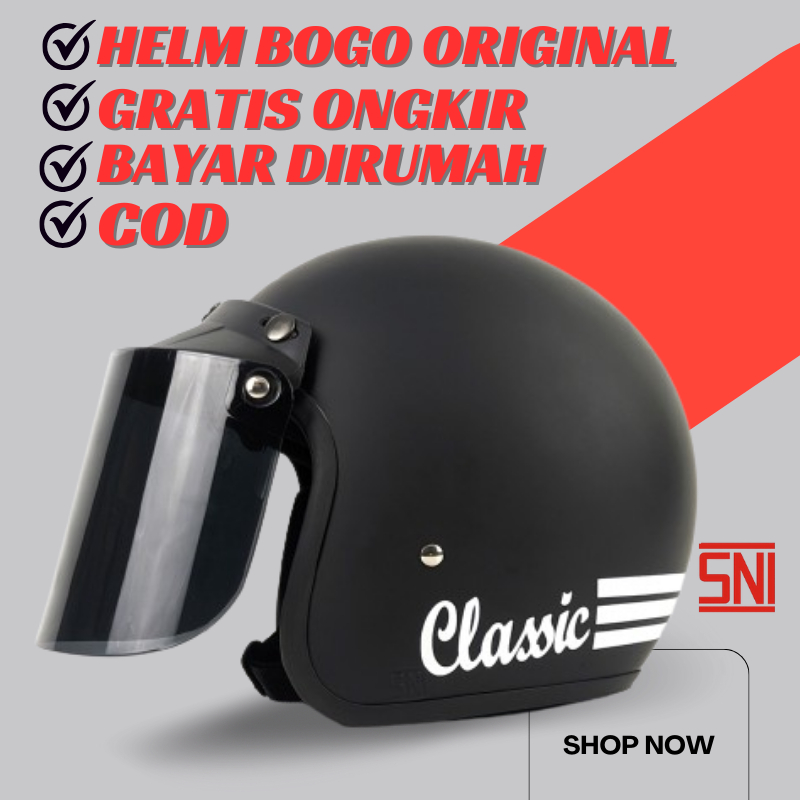 Jual Helm Bogo Classic SNI Pria Wanita Dewasa Free Aksesoris Kaca Datar ...