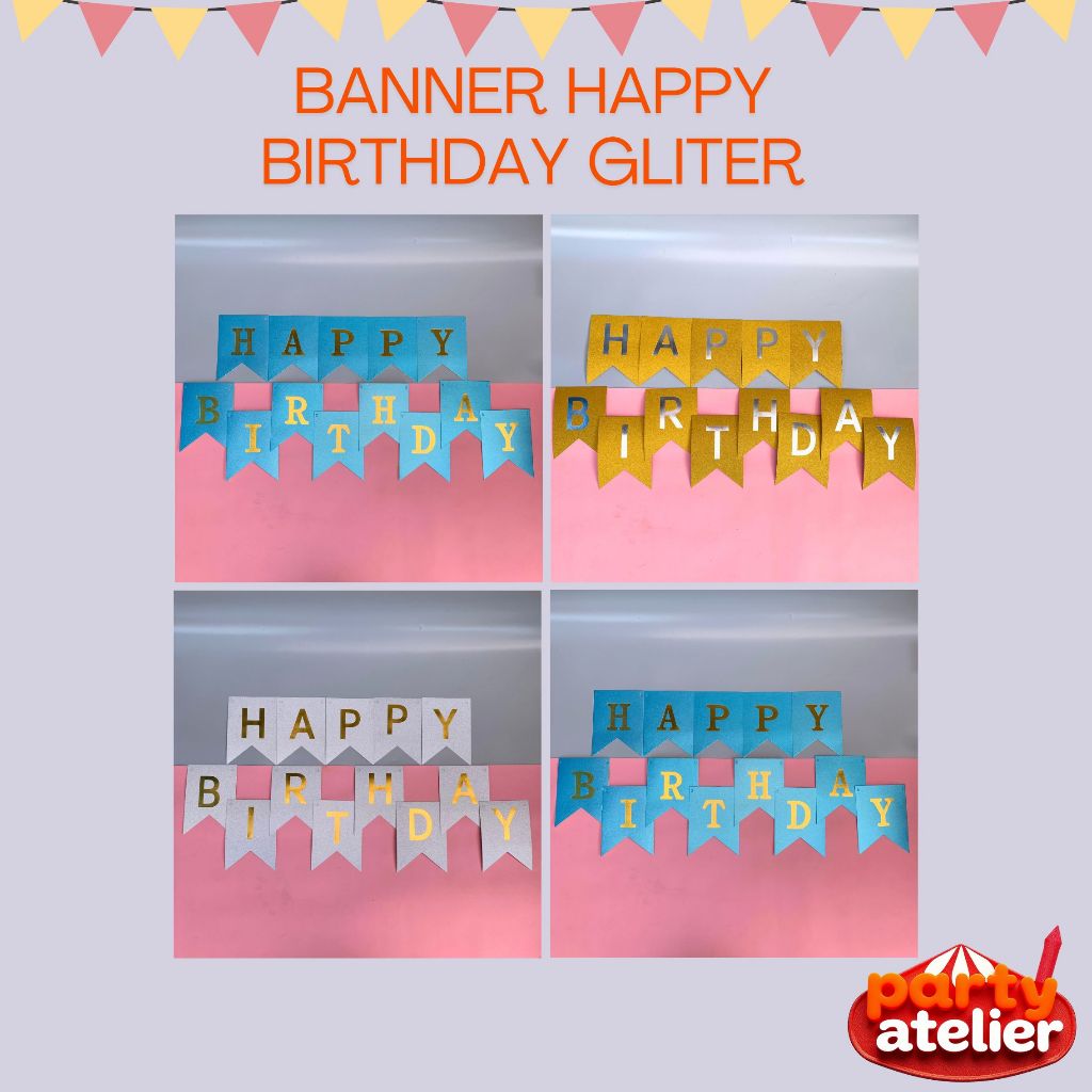 Jual banner ulang tahun glitter segi lima aneka warna banner happy ...