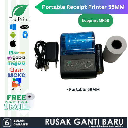 Jual PRINTER THERMAL PORTABLE BATTERY BLUETOOTH Ecoprint MP-58C RPP02 58MM SUPPORT MOKA ALAMAT ...