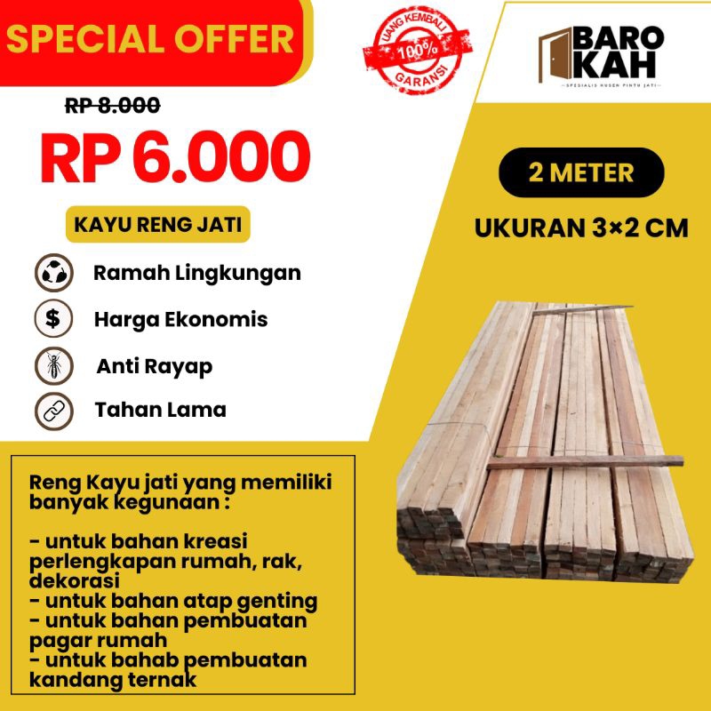 Jual Kayu reng 2 meter (jati murah ukuran 2×3 Cm panjang 1/2/3 meter ...