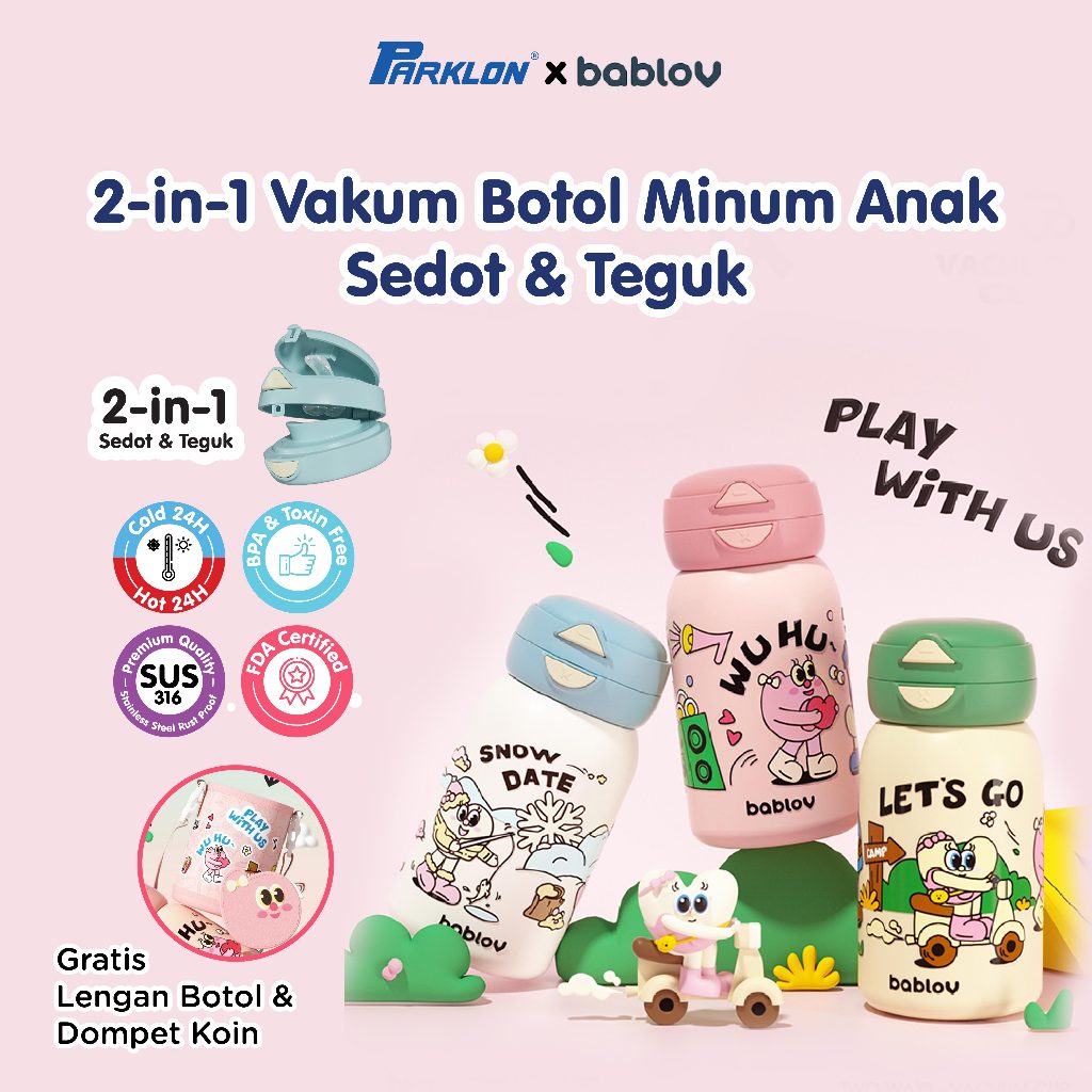 Jual Parklon x Bablov 2-in-1 Vakum Insulasi Botol Minum Anak dengan Sedotan & Teguk 550ml ...