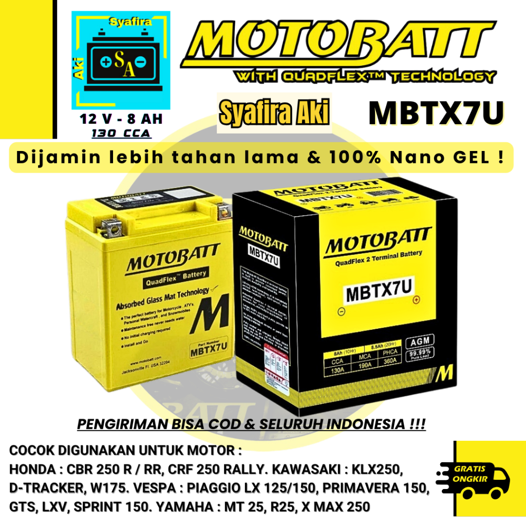 Jual Aki Motor Kawasaki KLX 150-250 Motobatt MBTX7U Aki Gel - Aki Kering 8Ah | Shopee Indonesia