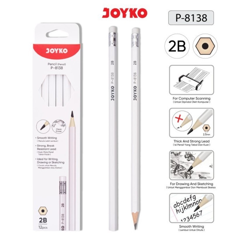 Jual PENSIL 2B JOYKO PUTIH P 8138 / PENSIL KAYU PENGHAPUS (12pc ...
