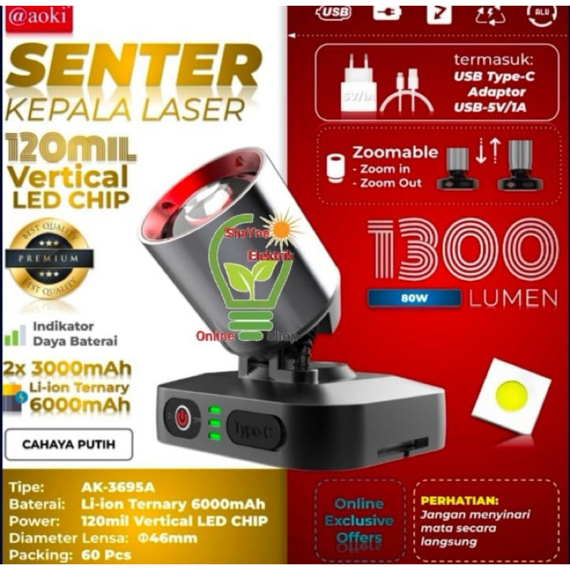 Jual SENTER KEPALA AOKI ZOOM LASER AK-3695A /AK-3696K 80 WATT 1300 LUMEN 6000 MAH 1200 MIL ...