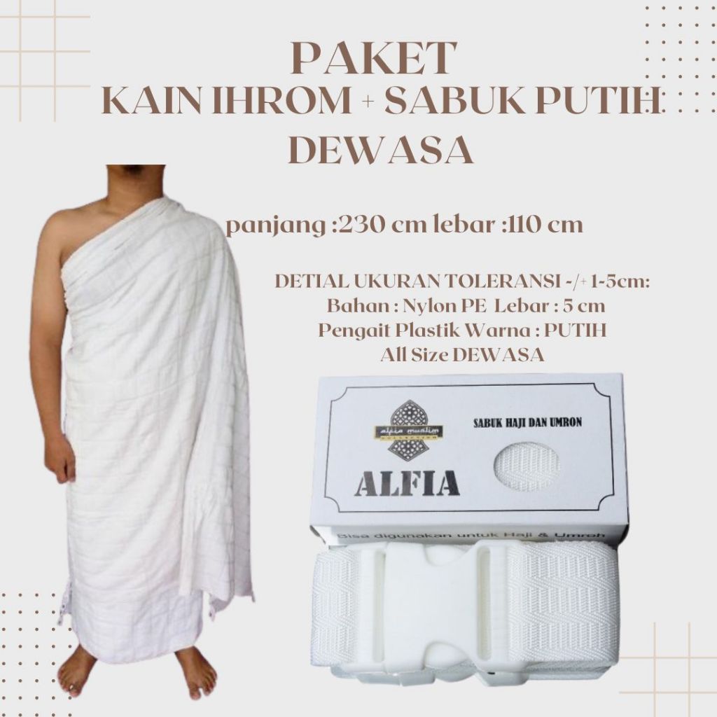 Jual PAKET KAIN IHRAM+SABUK PUTIH ALL SIZE DEWASA | Shopee Indonesia