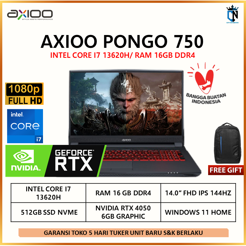 Jual AXIOO PONGO 750 I7 13620H RTX4050 6GB 16GB 512GB W11 15.6FHD 144HZ ...
