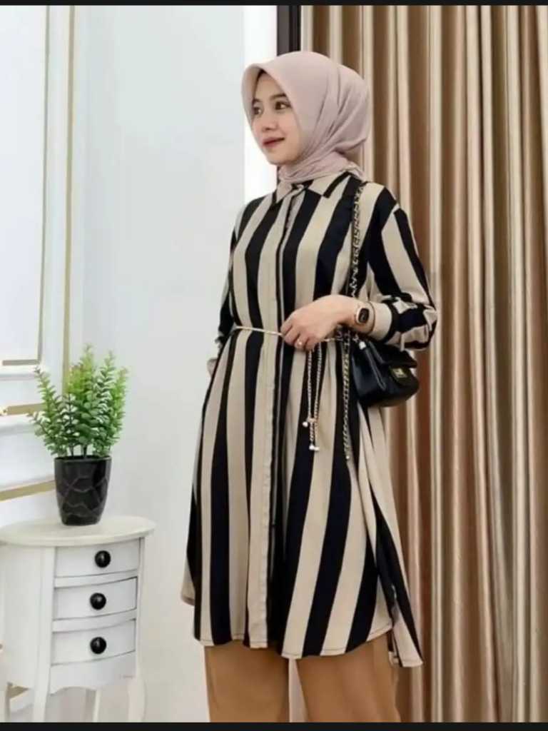 Jual Tunik Wanita Jumbo Lengan Panjang / Baju Muslim Motif Salur Katun Premium | Shopee Indonesia
