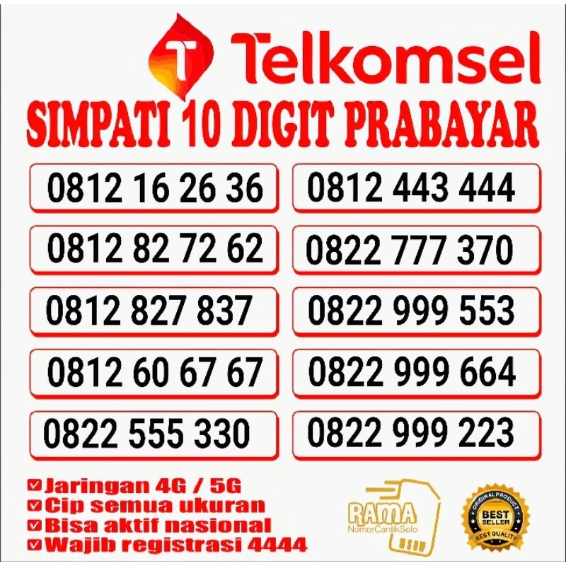 Jual Kartu Perdana Nomor Cantik Telkomsel Simpati 10 DIGIT Prabayar 4G support 5G | Shopee Indonesia