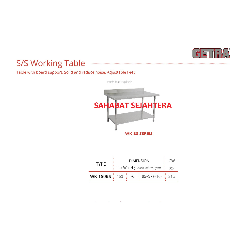 Jual GETRA Stainless Steel Working Table With Backsplash WK-150BS Meja ...