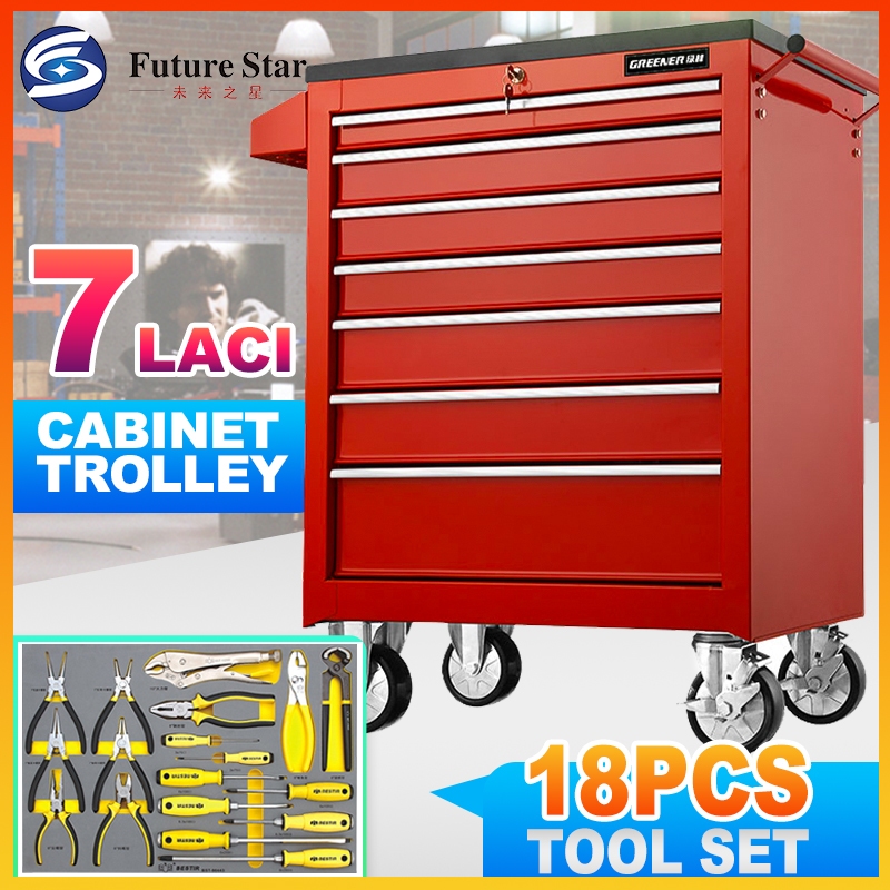 Jual Tool Box Cabinet Trolley 7 Drawer Susun Laci +18pcs Tool Kit Set Car Reapair Alat Perkakas ...