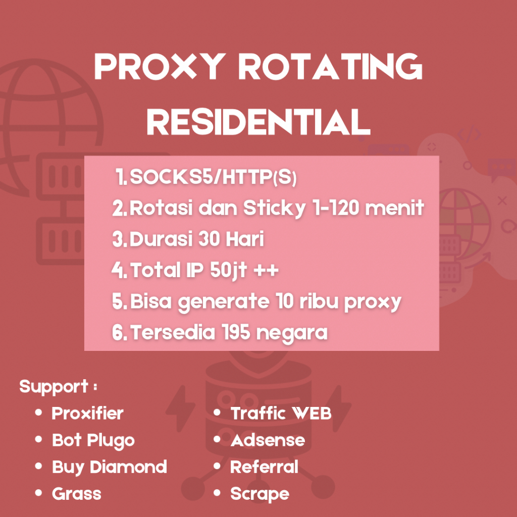 Jual PREMIUM PROXY ROTATING RESIDENTIAL HTTP(S) & SOCKS5 HIGH SPEED | Shopee Indonesia