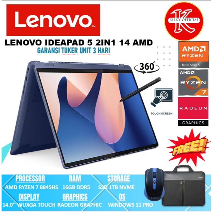 Jual Laptop Touchscreen 2in1 Lenovo Ideapad 5 AMD RYZEN 7 8845HS Ram 16Gb 1Tb Ssd Pen Grey ...