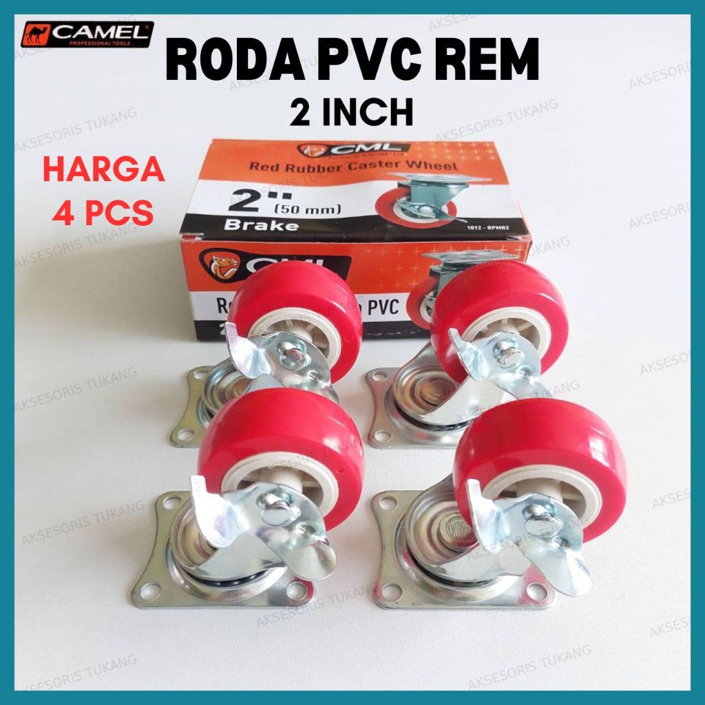 Jual Roda Caster Merah Rem 2 Inch 1 Set 4 Pcs Roda Kastor Gepeng PVC ...