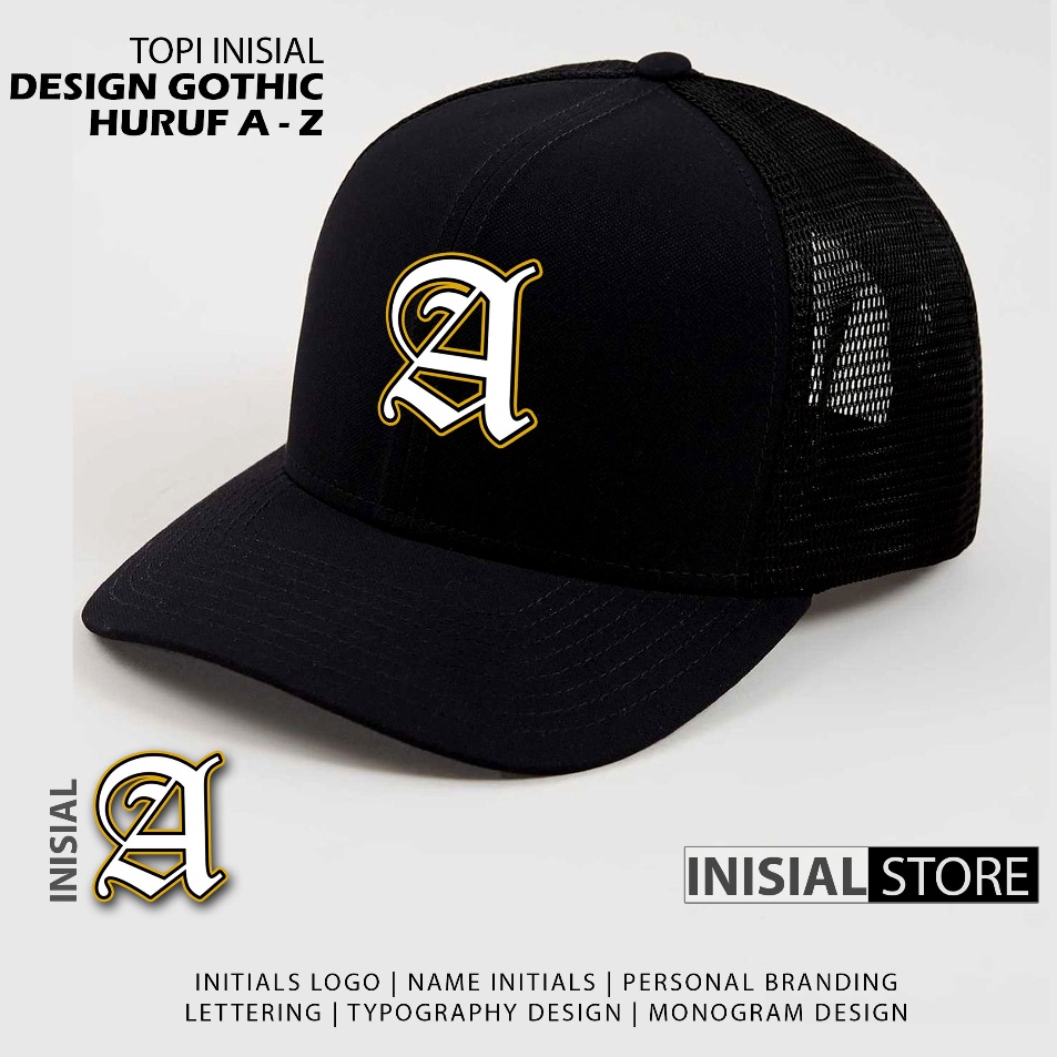Jual Segera Ambil Topi Trucker Jaring Hitam Inisial Desai Gotic Huruf A ...