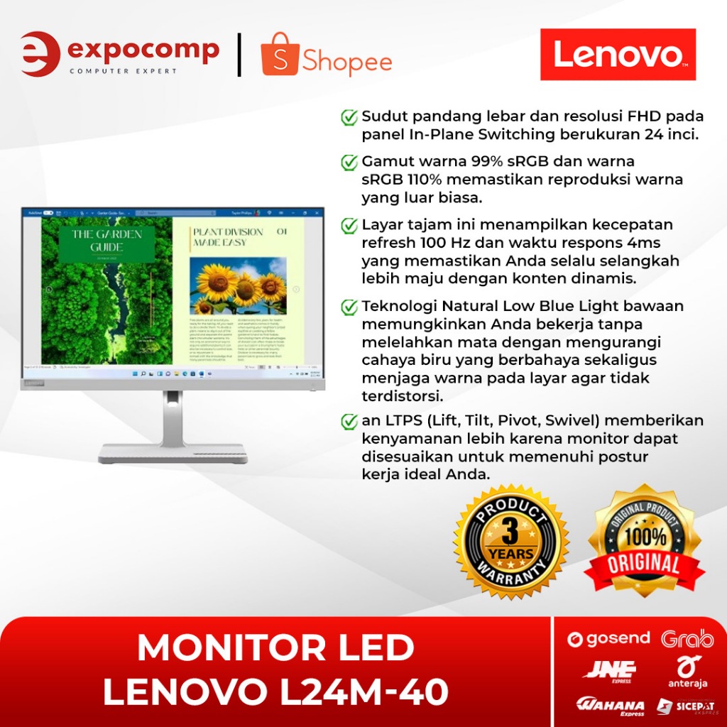 Jual MONITOR LED LENOVO L24M-40 IPS 1080P FHD HDMI X1 USB-C 75W SPEAKER ...