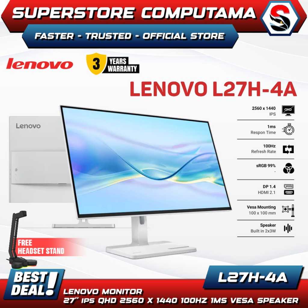 Jual Monitor LED LENOVO L27h-4A 27" IPS 1440p QHD 2K 100Hz HDMI 2.1x2 ...