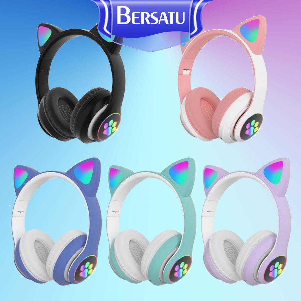 Jual Headset Headphone bluetooth Wireless HiFi Extra bass Led Cat ear ...
