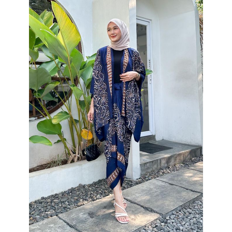 Jual 1Set Tunik Kaftan Outfit Wanita Kondangan Simpel One set Rok Lilit ...