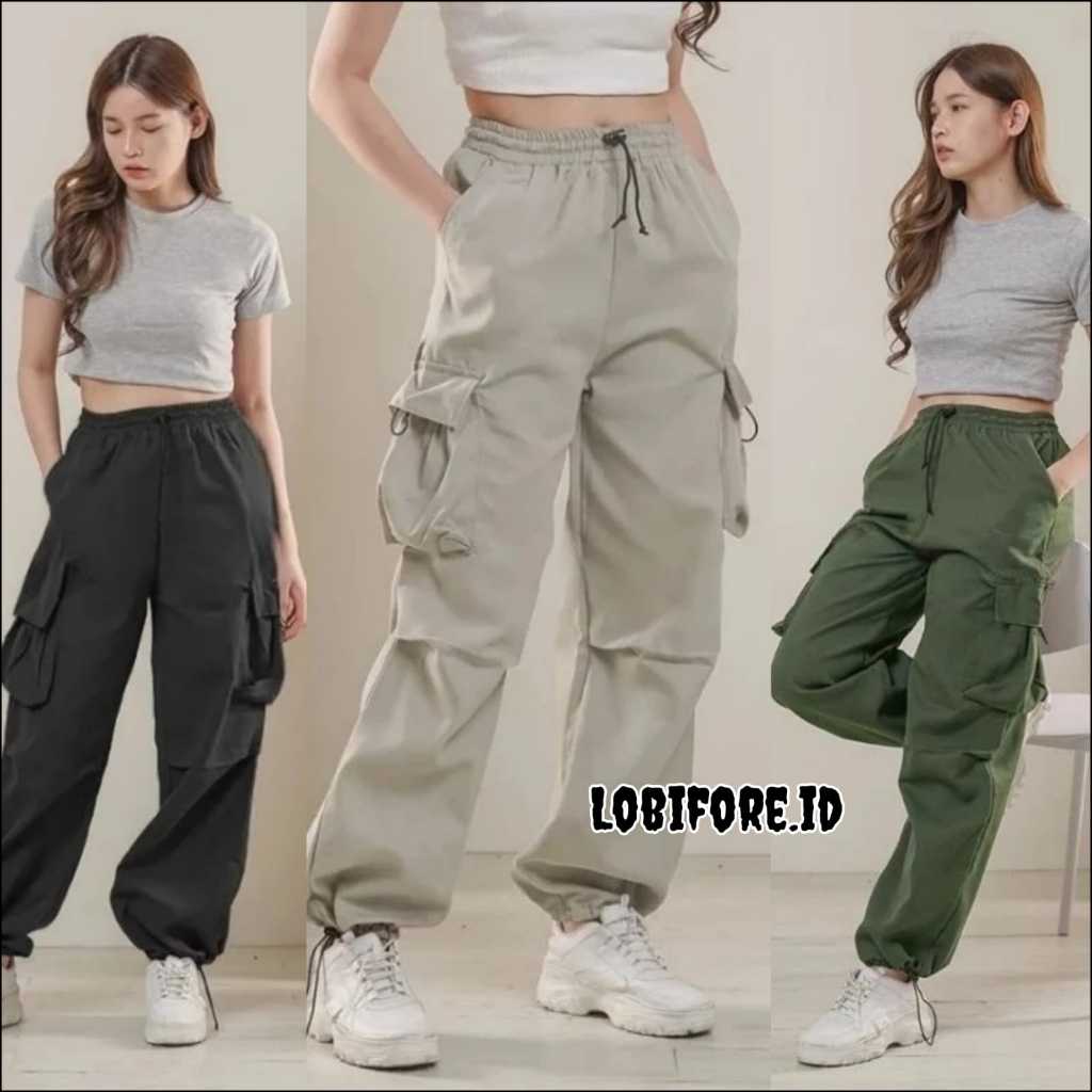 Jual KIYA Cargo Pants Wanita Highwaist Loose Pants Korean Style Jumbo-Celana Cargo Wanita ...