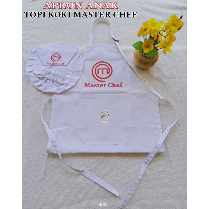 Jual SATU SET CELEMEK APRON ANAK PLUS TOPI KOKI LOGO "MASTER CHEF"KATUN ...
