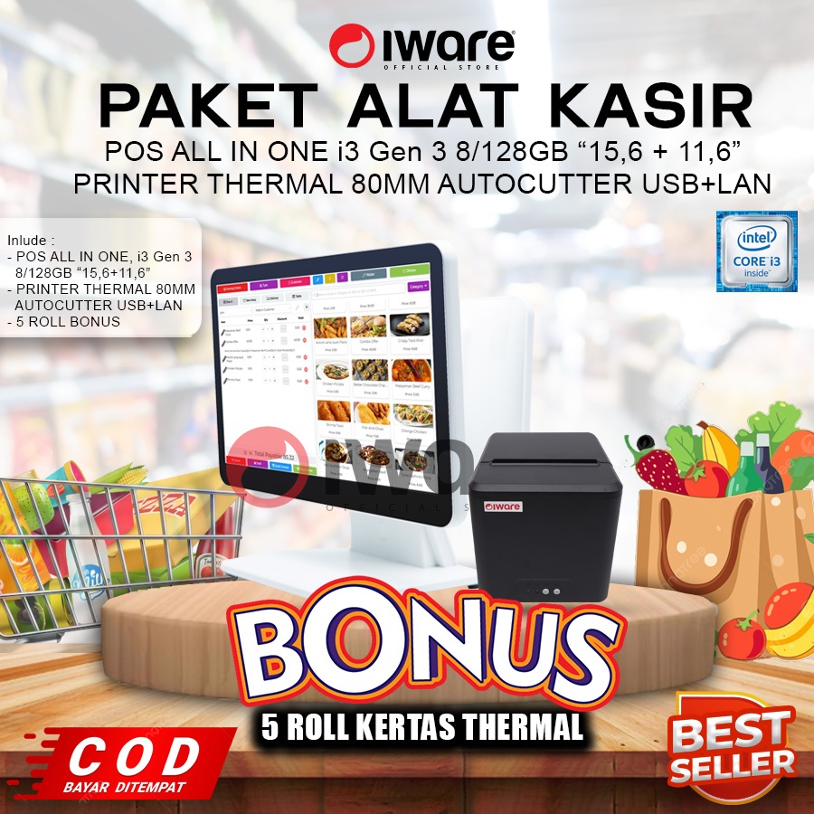 Jual Iware Paket Alat Kasir Pos All In One intel i3 8/128GB Dual ...