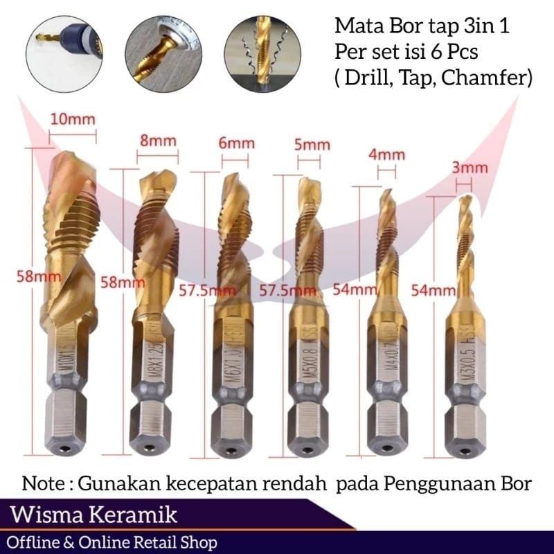 Jual Mata Bor tap 6 Pcs, pembuat ulir drat drill tap set, Hex twist ...