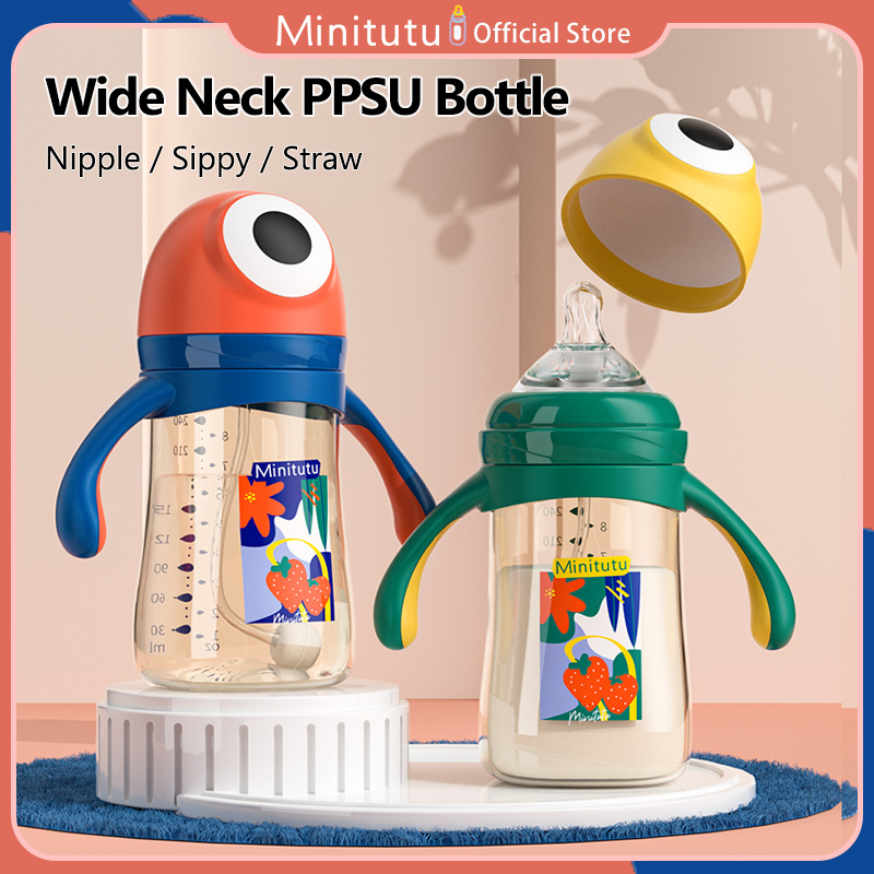 Jual Minitutu Botol Susu PPSU Bahan 240ml 300ml cocok untuk bayi di atas 6 bulan dengan pegangan ...