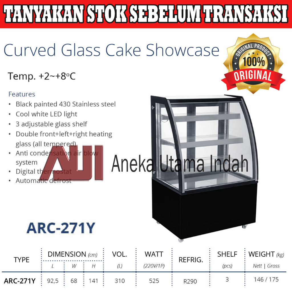 Jual Gea ARC-271Y Curved Glass Cake Showcase - Lemari Display Pendingin ...
