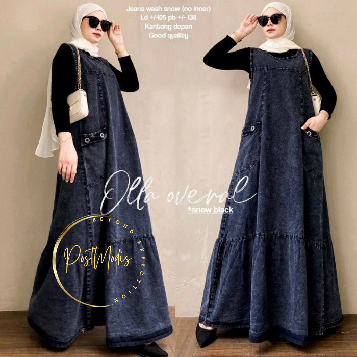 Jual OLLA OVERALL PANJANG MUSLIM SOFT JEANS SNOW BLUE DAN SNOW BLACK DM ...