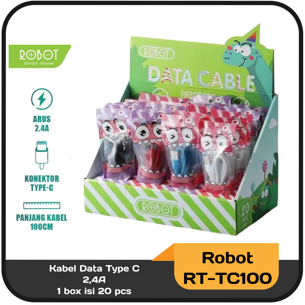 Jual Kabel Data Type C 2,4A Robot RT-TC100 1 Box isi 20 pcs | Shopee ...