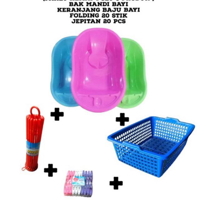 Jual (PAKET HEMAT)bak mandi bayi+keranjang baju bayi+folding hanger 20 ...