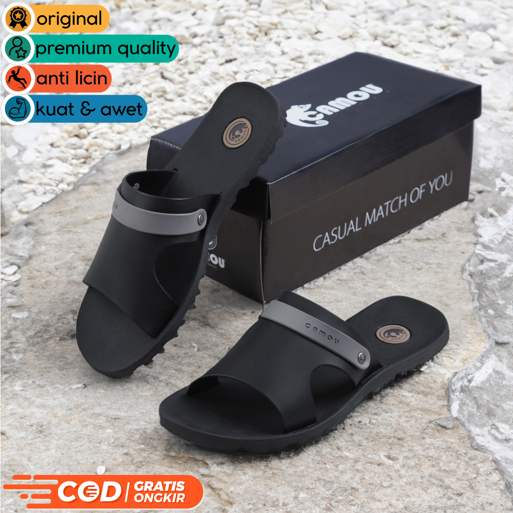 Jual Sandal Slide Pria Original CAMOU DOMINIC BLACK Sendal Slop Karet ...