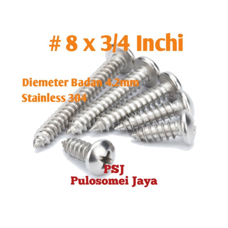 Jual Sekrup Tapping Stainless 8 x 3/4 / Tapping PH Stainless 304 | Shopee Indonesia