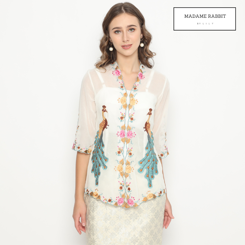 Jual Kebaya Katun Putih Lengan Panjang Madame Rabbit Bordir Peacock ...