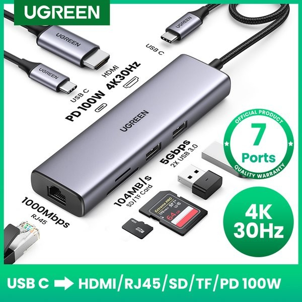 Jual Ugreen 90568 usb c usb hub c 7in1 with RJ45 LAN USB3.0 PD100w HDMI4K | Shopee Indonesia