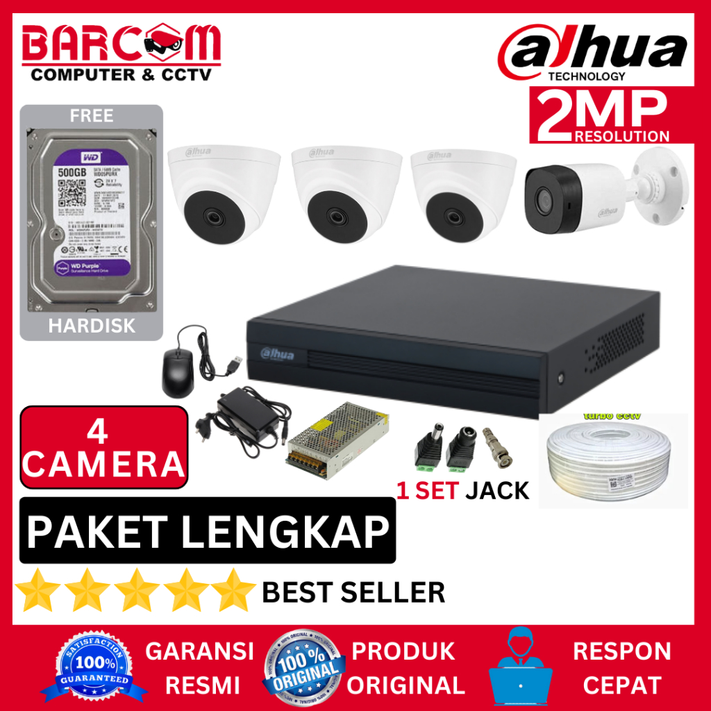 Jual Paket CCTV DAHUA 4 CHANNEL Kamera 2MP LENGKAP + Kabel 60M ...