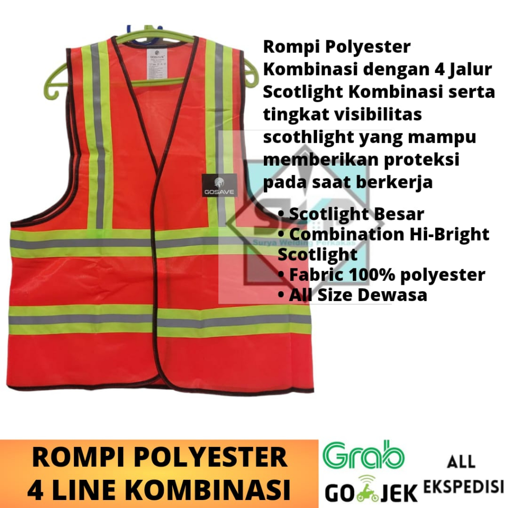 Jual GOSAVE rompi safety proyek polyester kombinasi hijau/orange 4 line ...