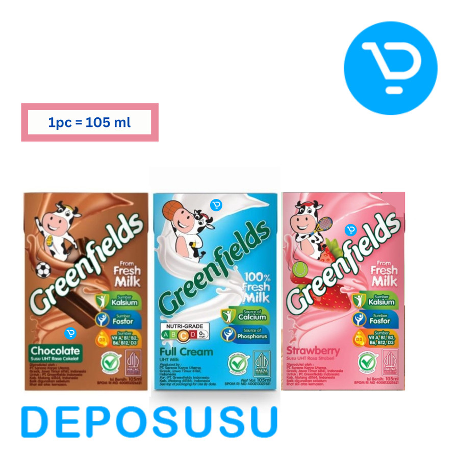 Jual Susu UHT GREENFIELDS Milk 105ml (Full Cream / Chocomalt / Strawberry) | Shopee Indonesia