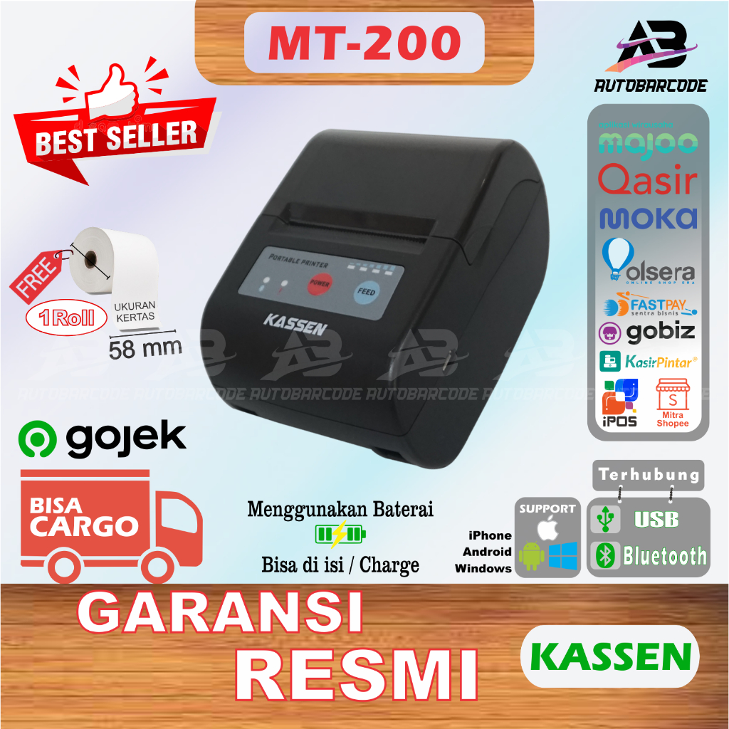 Jual Kassen MT200 Bluetooth Printer Kasir Mini 58MM Mobile Portable Rpp02 Moka Cafe Resto MT-200 ...