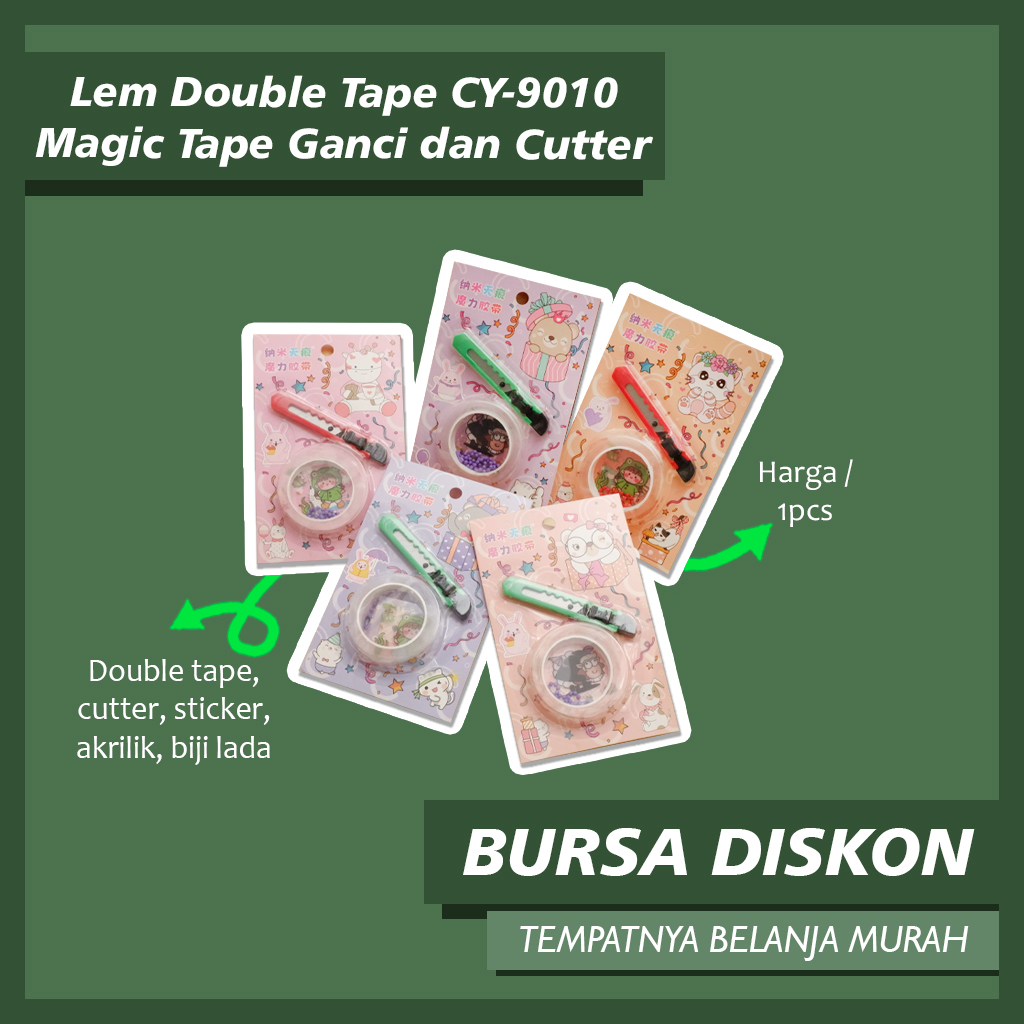 Jual Lem Double Tape CY-9010 Magic Tape Ganci dan Cutter Lem Sekolah ...