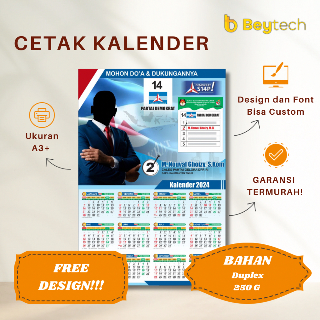 Jual Cetak Kalender Duplex Custom Kalender 2024 Caleg Partai Kampanye ...