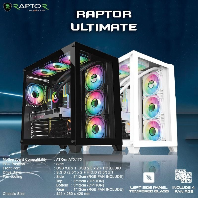 Jual Casing PC Gaming RAPTOR ULTIMATE - FREE 4X FAN RGB - ATX Dual ...